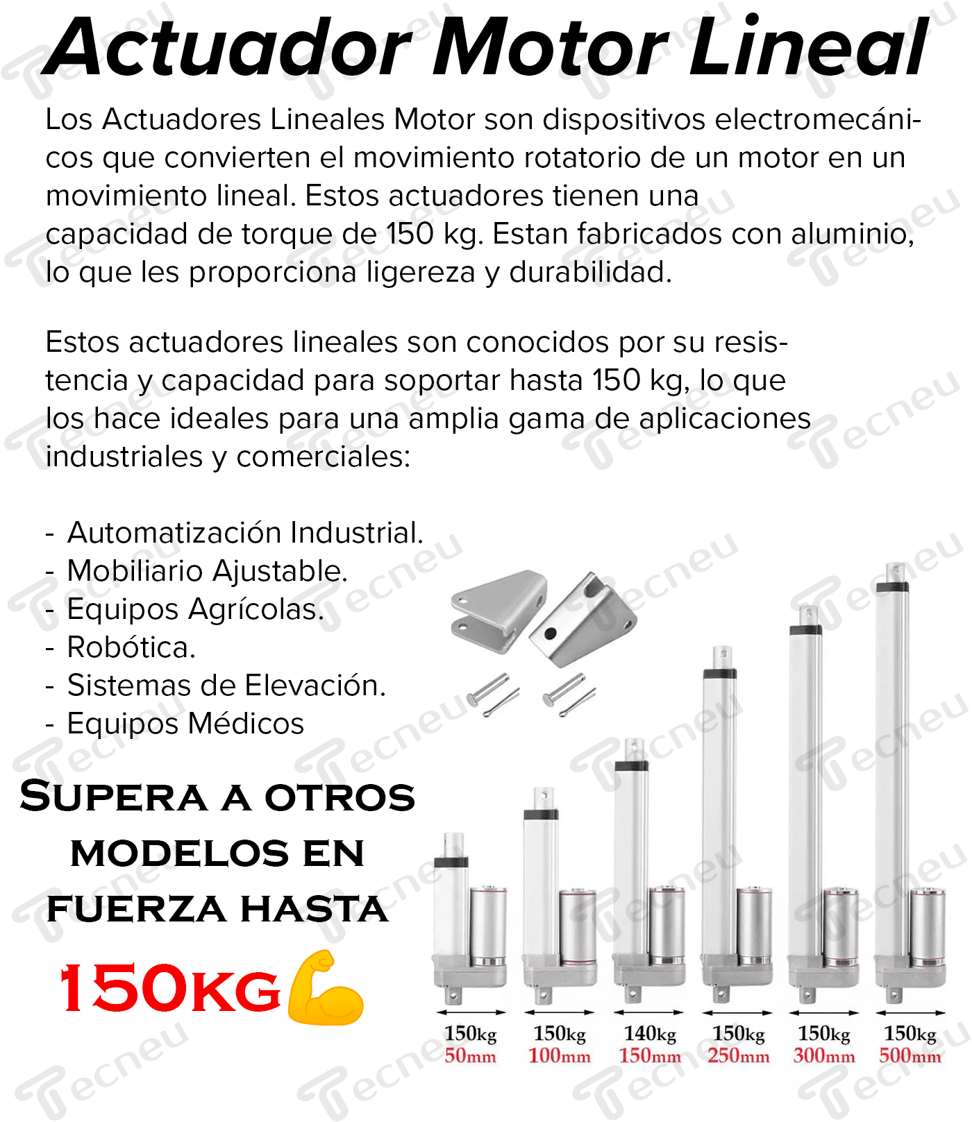 Actuador Lineal Motor 150kg Torque 100mm 12v 150 Kg - Tecneu