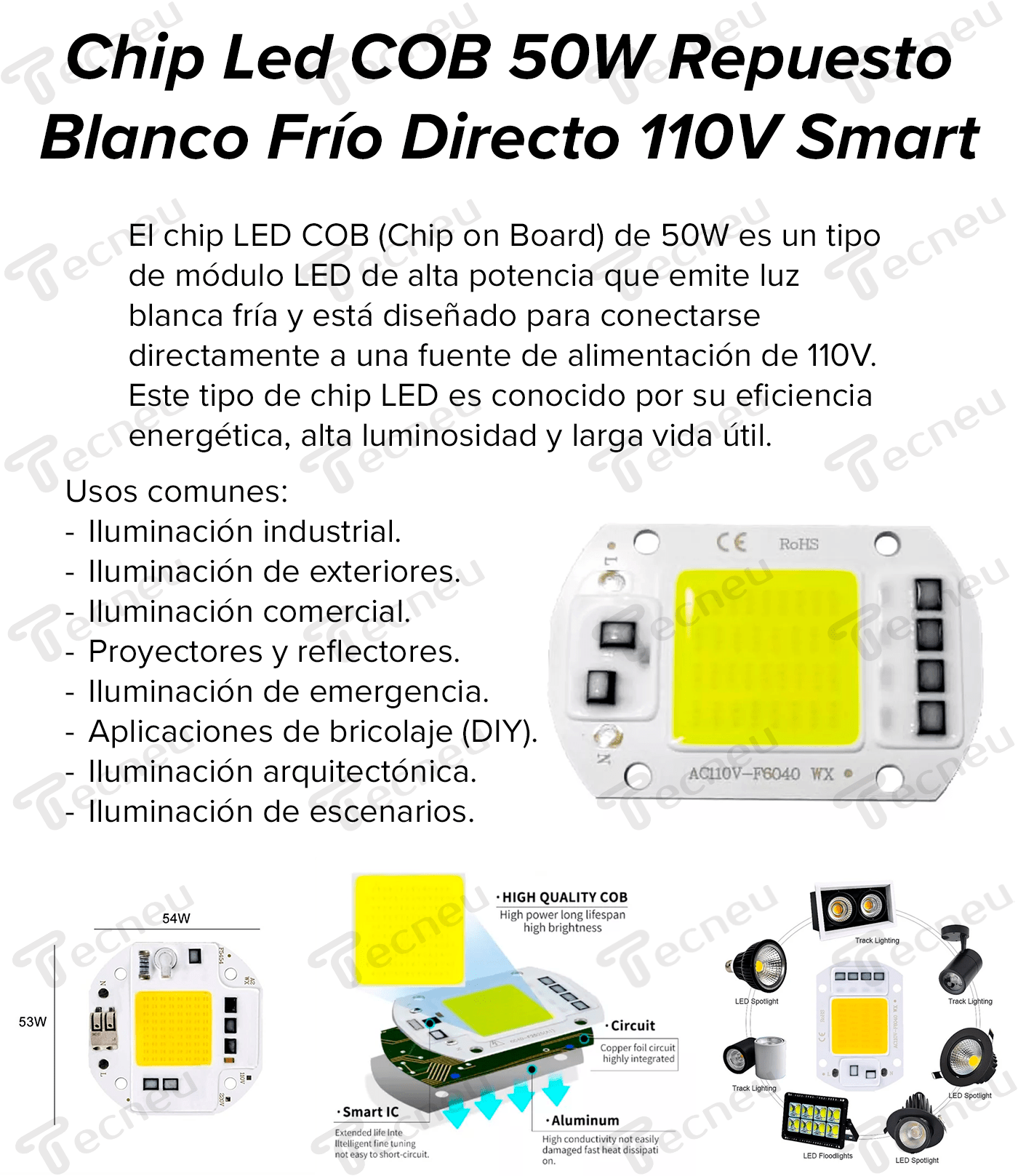Chip Led Cob 50w Repuesto Blanco Frío Directo 110v Smart - Tecneu