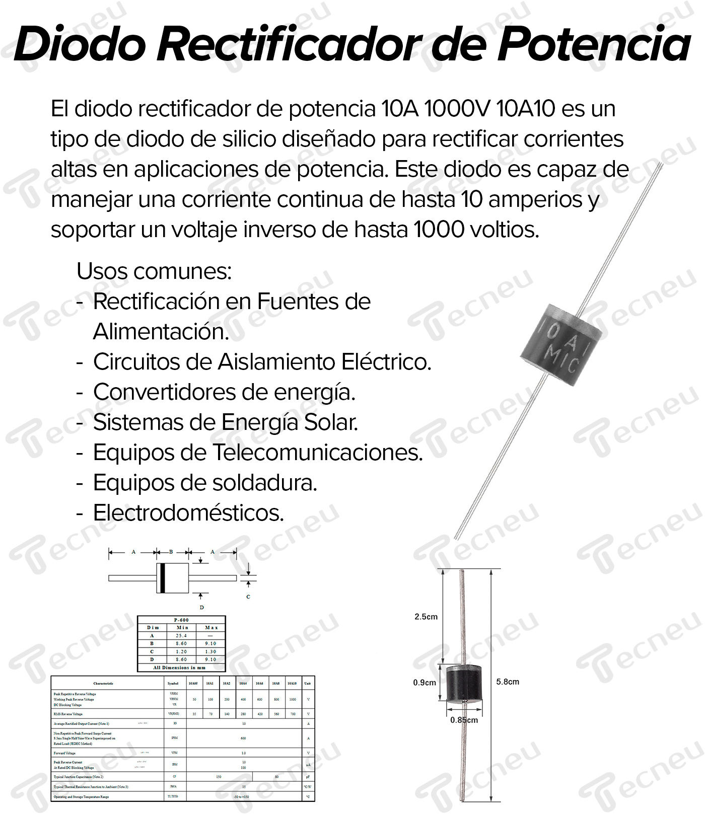 Diodo rectificador de potencia 10A 1000 V De silicio Circuito De Aislamiento Eléctrico 10A10 ...