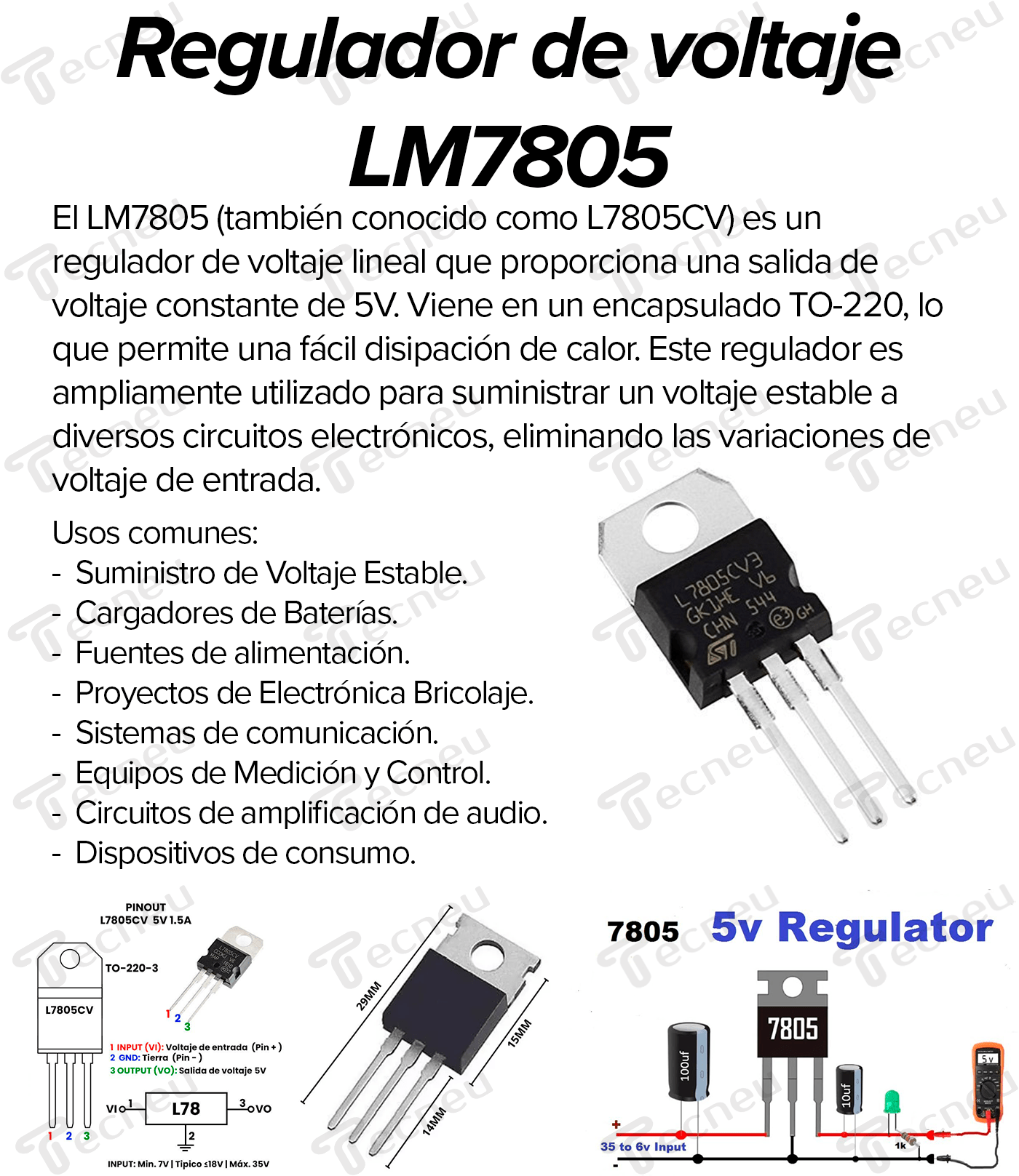 L7805CV Regulador de voltaje Lineal LM7805 TO-220 - Tecneu