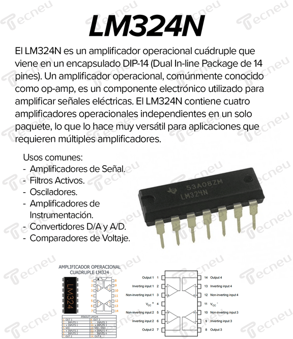 LM324N Amplificador Operacional Cuádruple DIP-14 - Tecneu