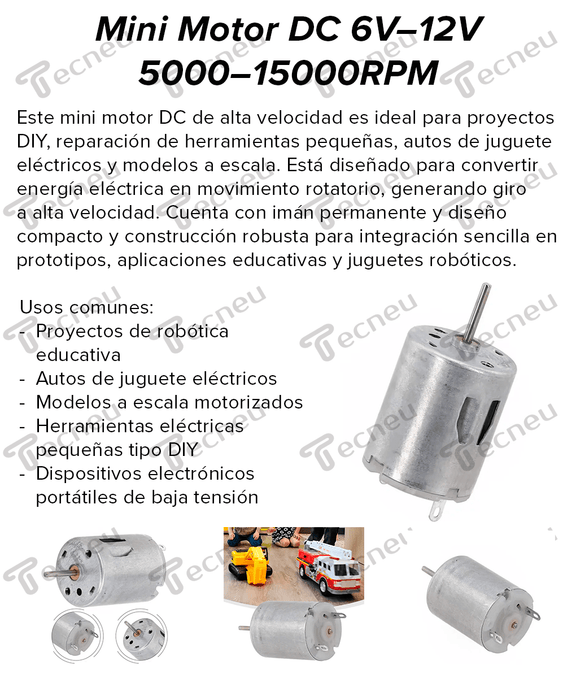 Mini Motor DC 6V–12V 5000–15000RPM para Juguetes y Robótica - Tecneu