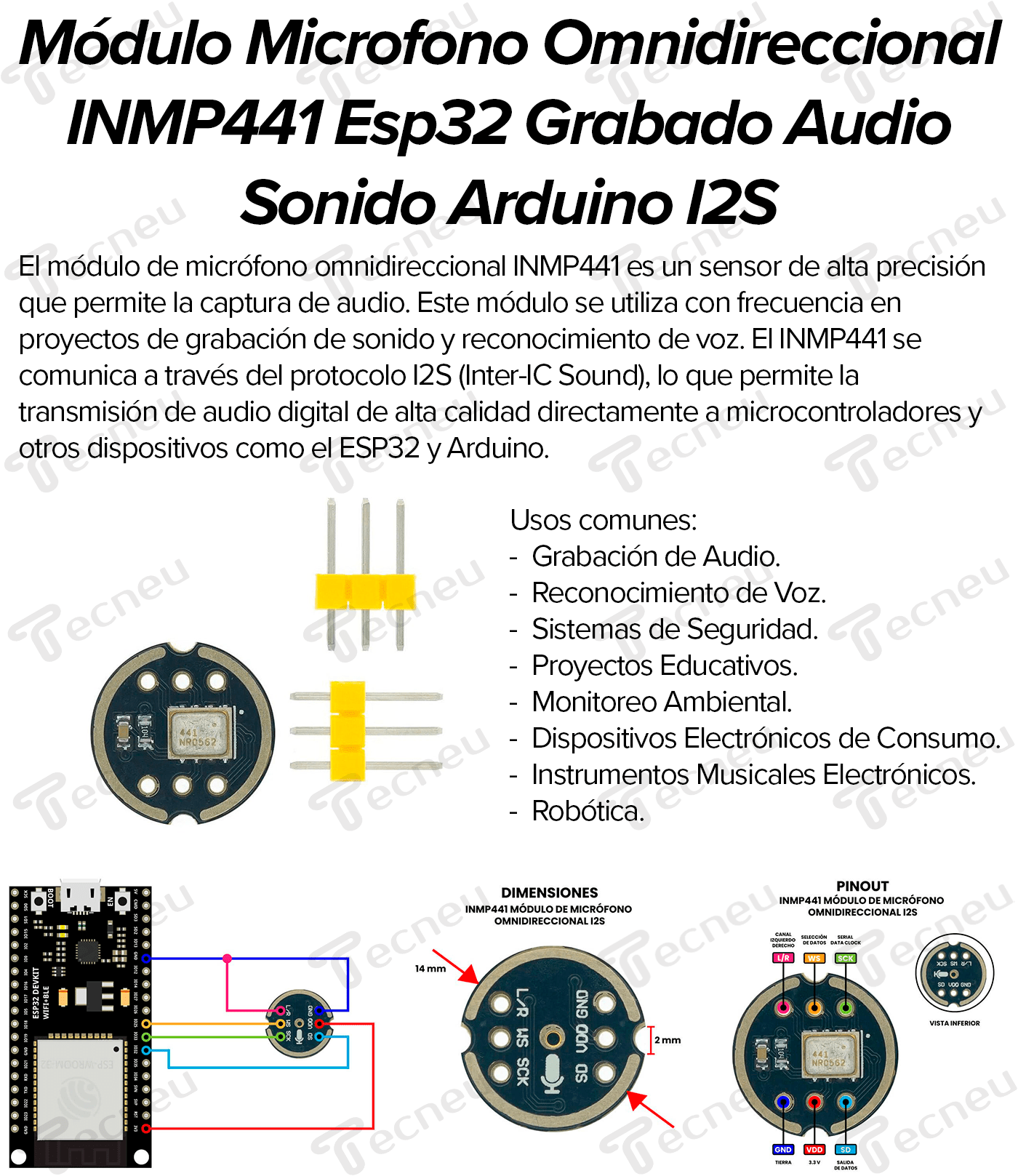 Módulo Microfono Omnidireccional INMP441 Esp32 Grabado Audio Sonido I2S - Tecneu