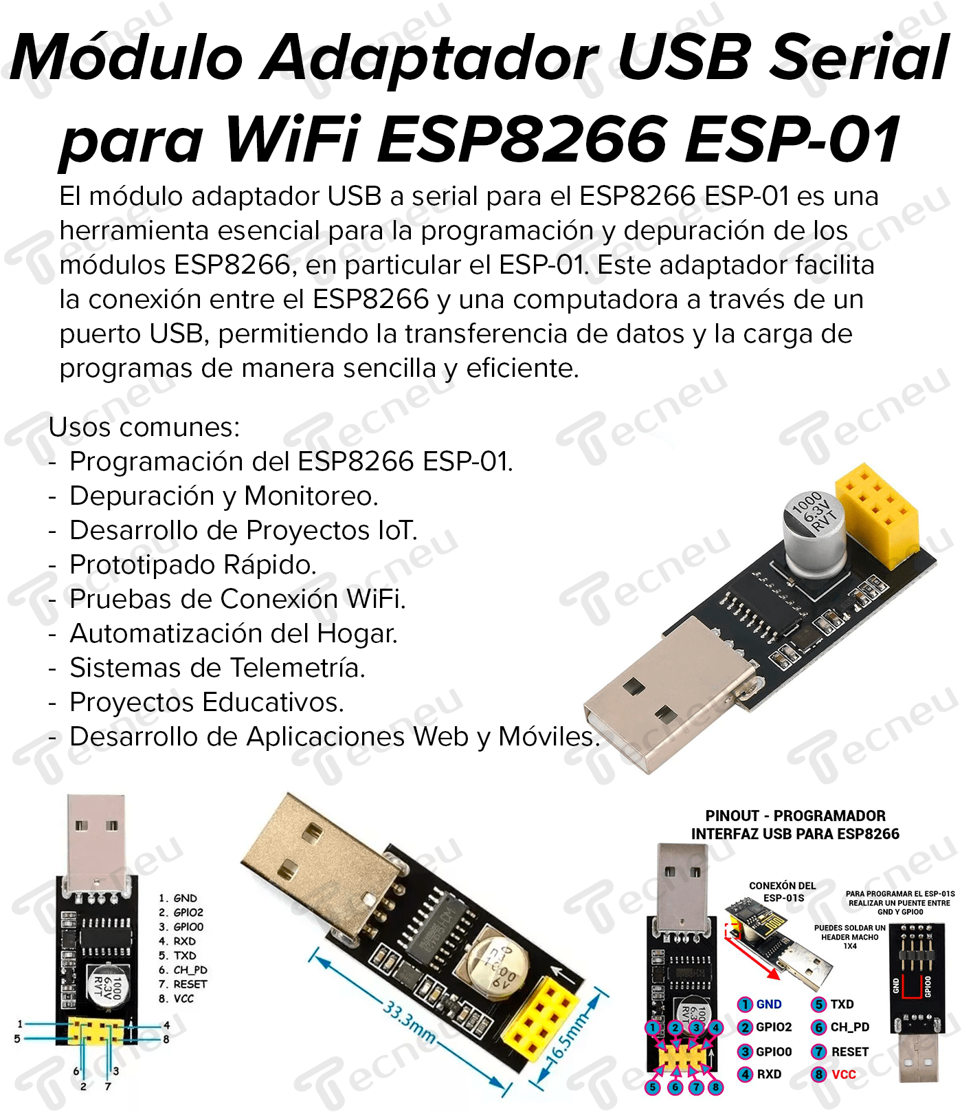 Modulo Wifi Esp8266 Esp-01s Con Adaptador Usb Programador - Tecneu