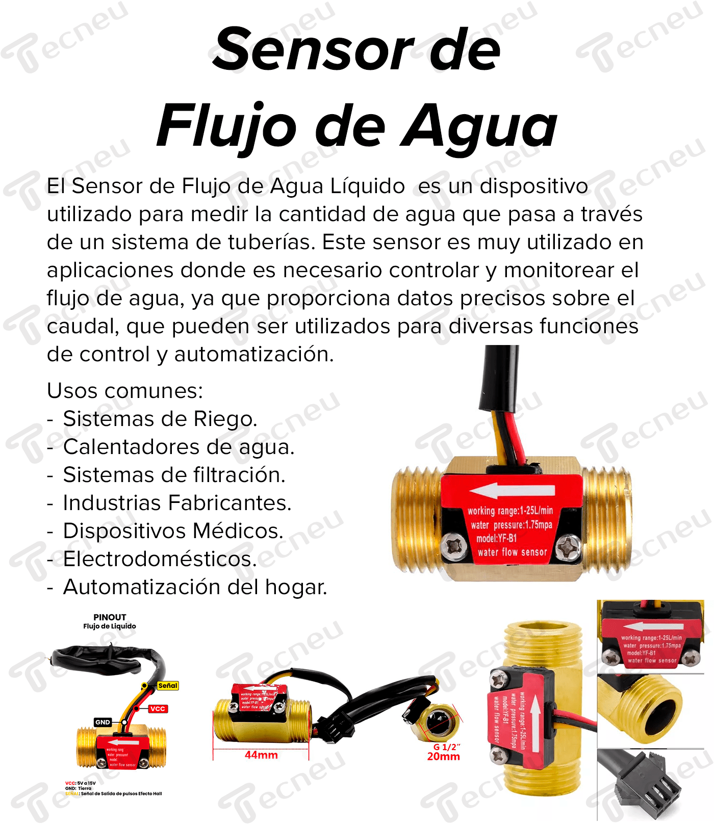 Sensor Flujo De Agua Liquido 3/4" Caudal Metálico Yf-b6 30lts - Tecneu